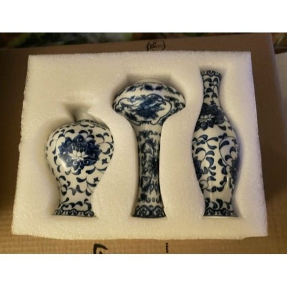 Accents | New Set Of 3 Small Blue White Porcelain Vases Fambe Glaze ...